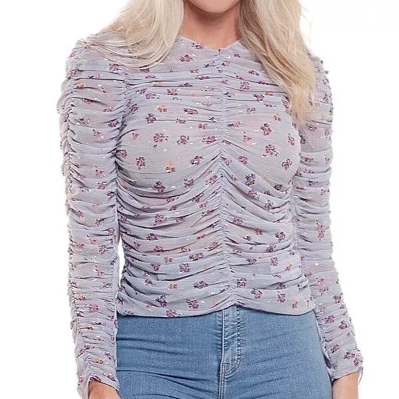 Zara | Tops | Zara Sheer Lavender Floral Shirred Long Sleeve Top | Poshmark